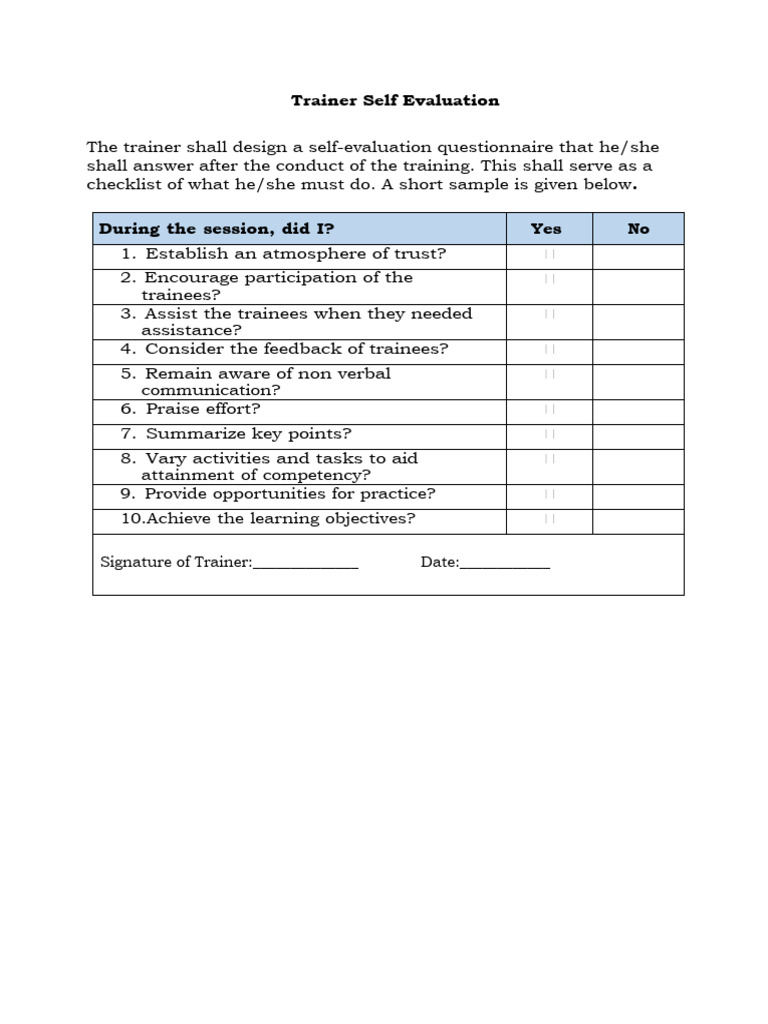 Training Session Evaluation & Trainer Self Evaluation | PDF | Learning ...
