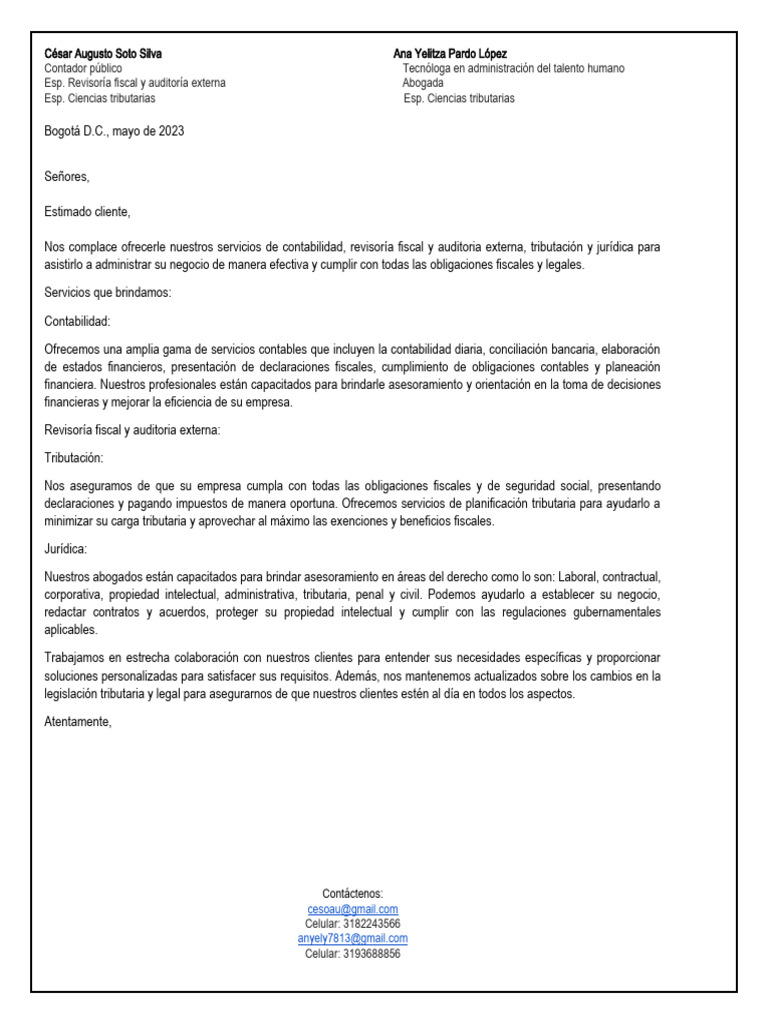 Carta de presentacion servicios profesionales | PDF | Auditoría | Contabilidad