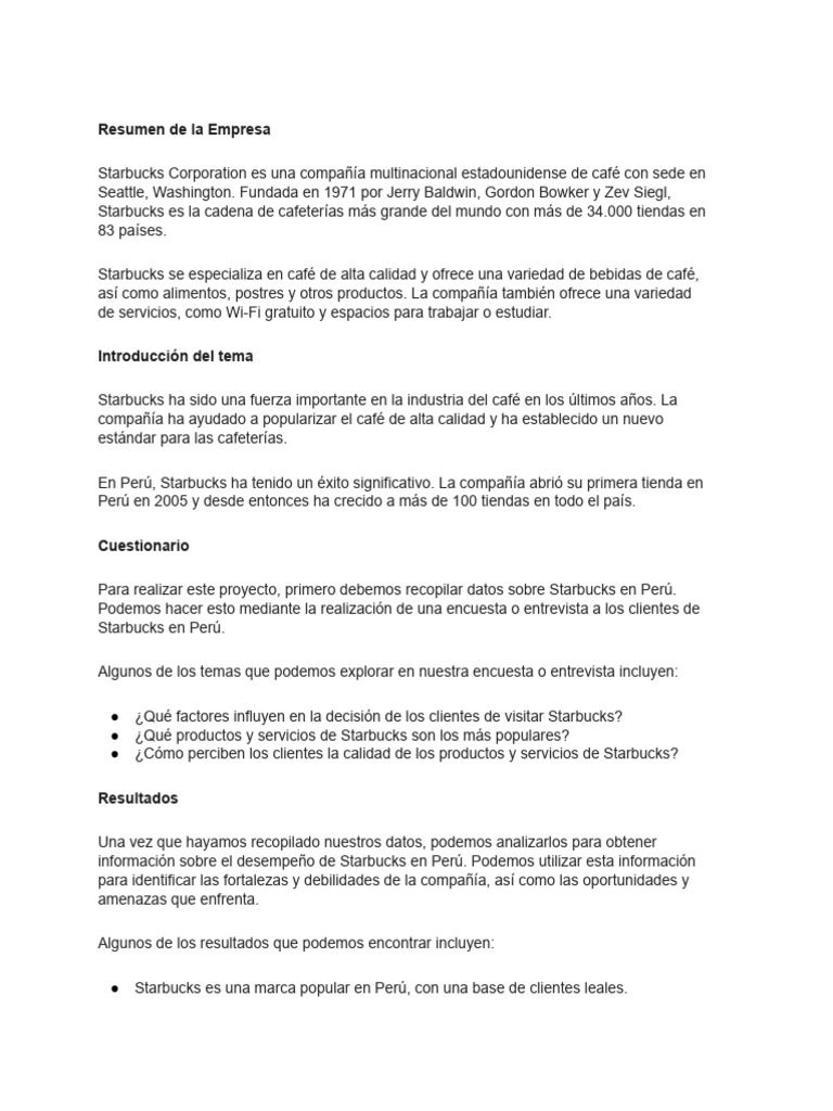 Realizar Un Proyecto de La Empresa - Starbucks - de Peru - Basandose en ...