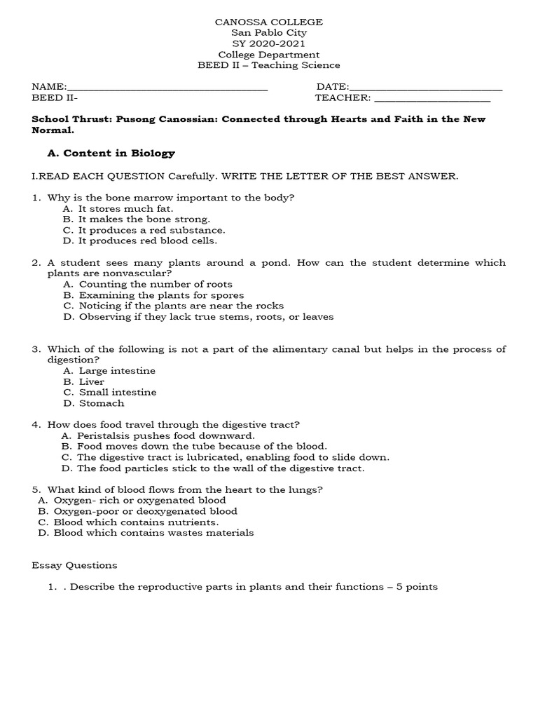 BEED II Teaching Science Final Test | PDF | Blood | Digestion
