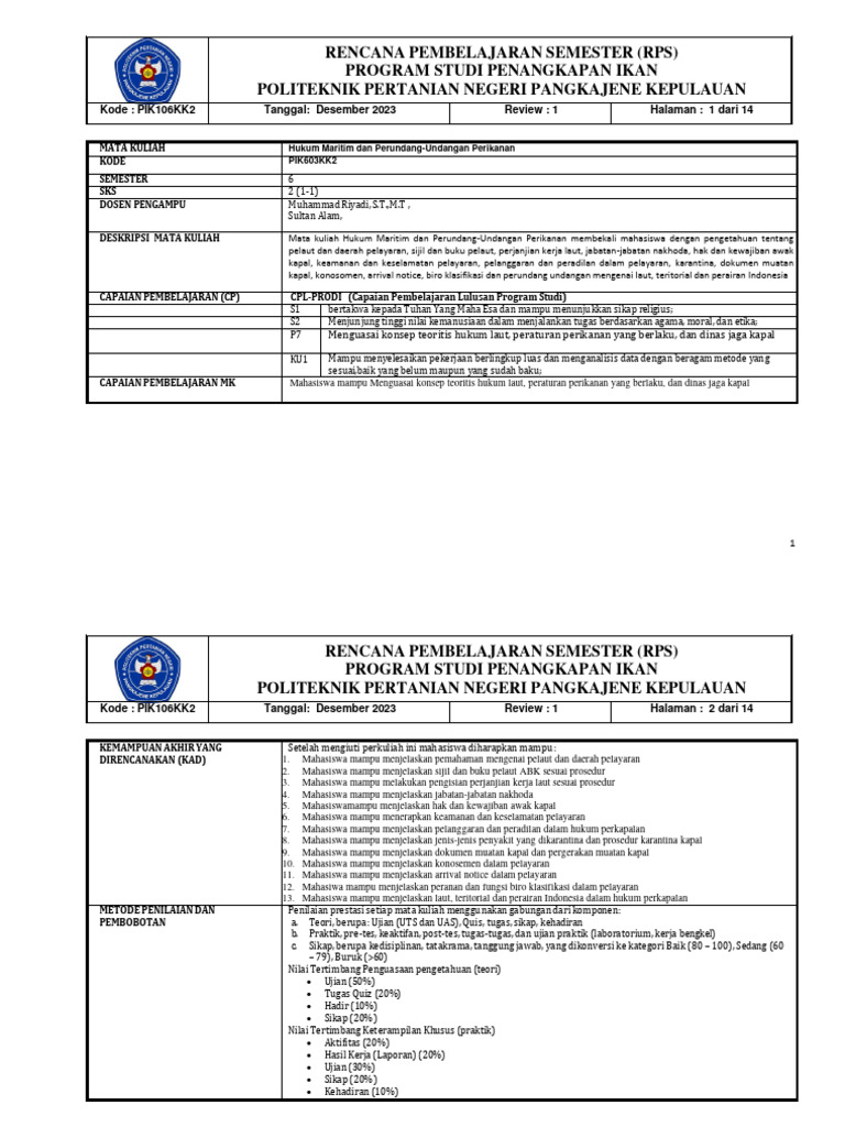 RPS - RPP MK Hukum Maritim | PDF