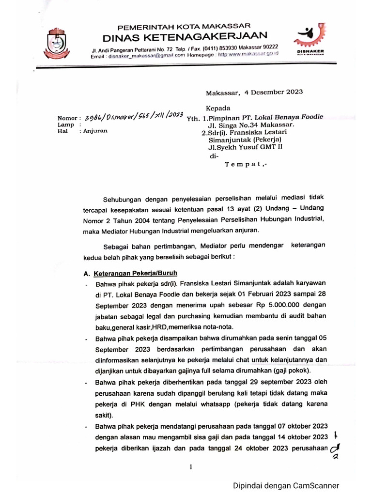 Anjuran Disnaker Kota Makassar | PDF