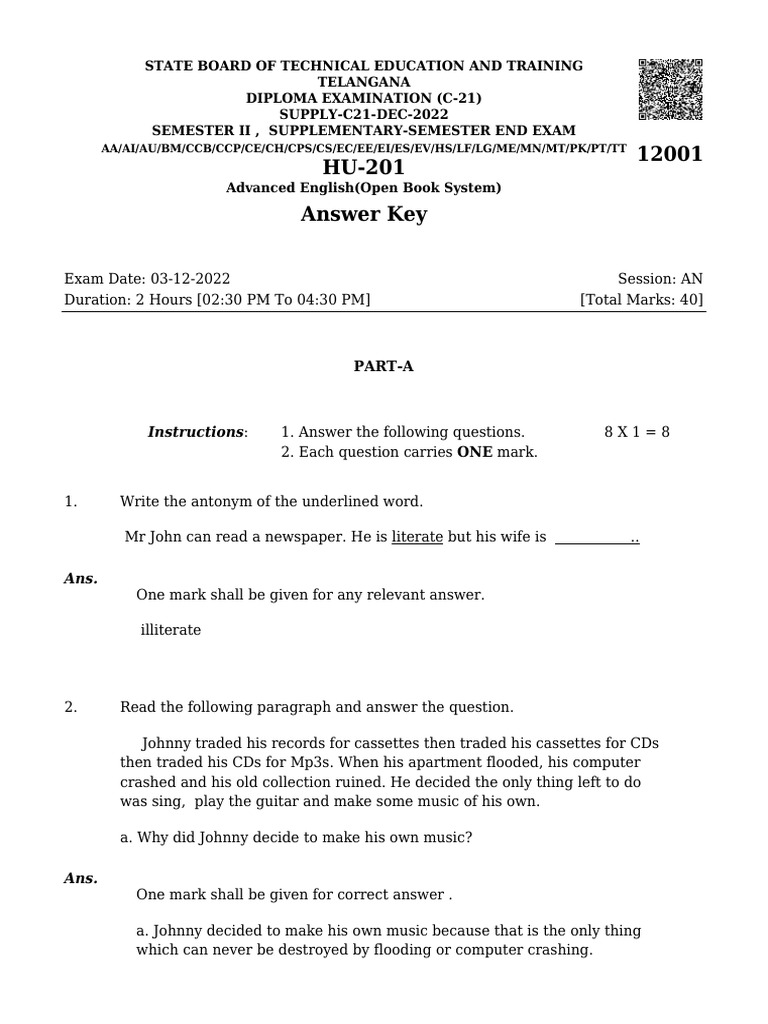 c21 Advanced English Supplementary Dec 22 Question Paper With Key | PDF ...