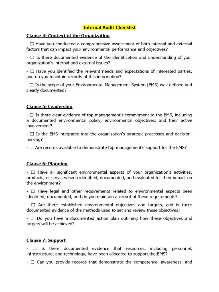 Internal Audit Checklist For ISO 14001 | PDF | Audit | Internal Audit