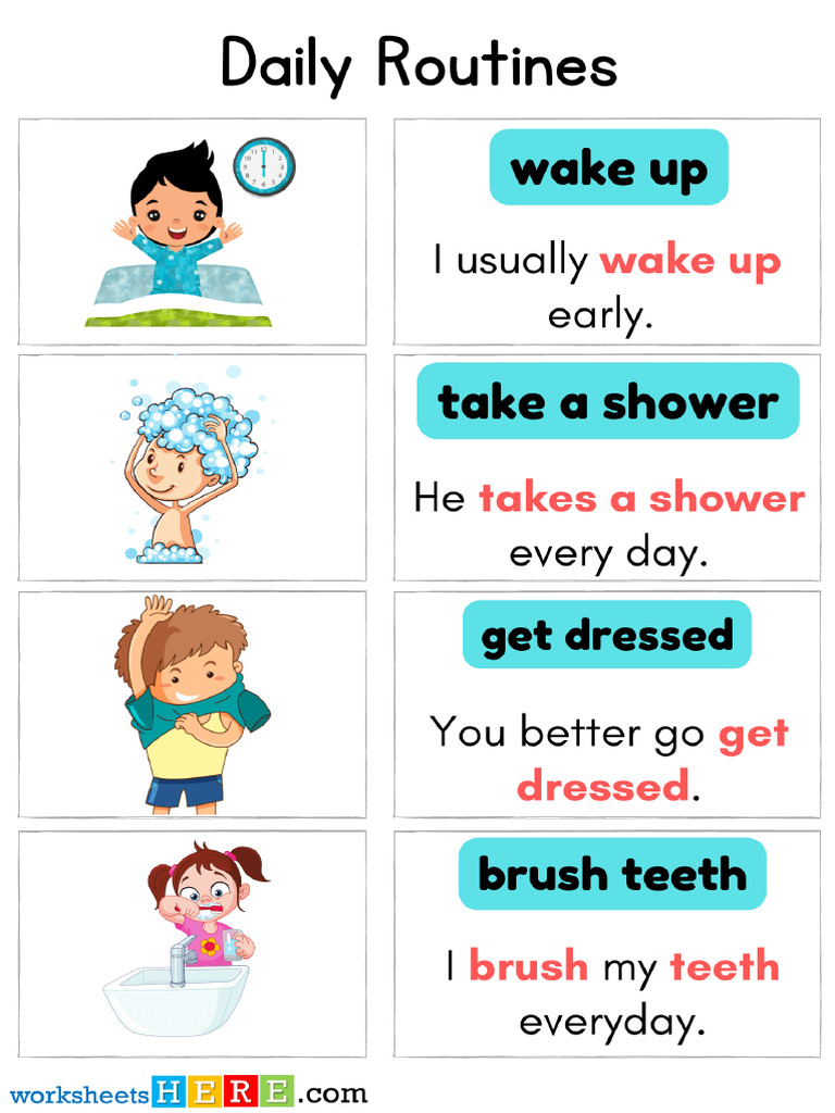 Daily Routines Verbs With Pictures and Sentences PDF Worksheet For Kids ...