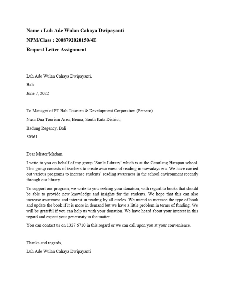 Request Letter - Luh Ade Wulan Cahaya Dwipayanti | PDF