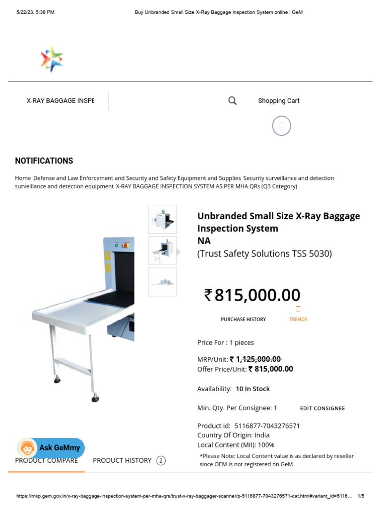 Buy Unbranded Small Size X-Ray Baggage Inspection System Online - GeM ...