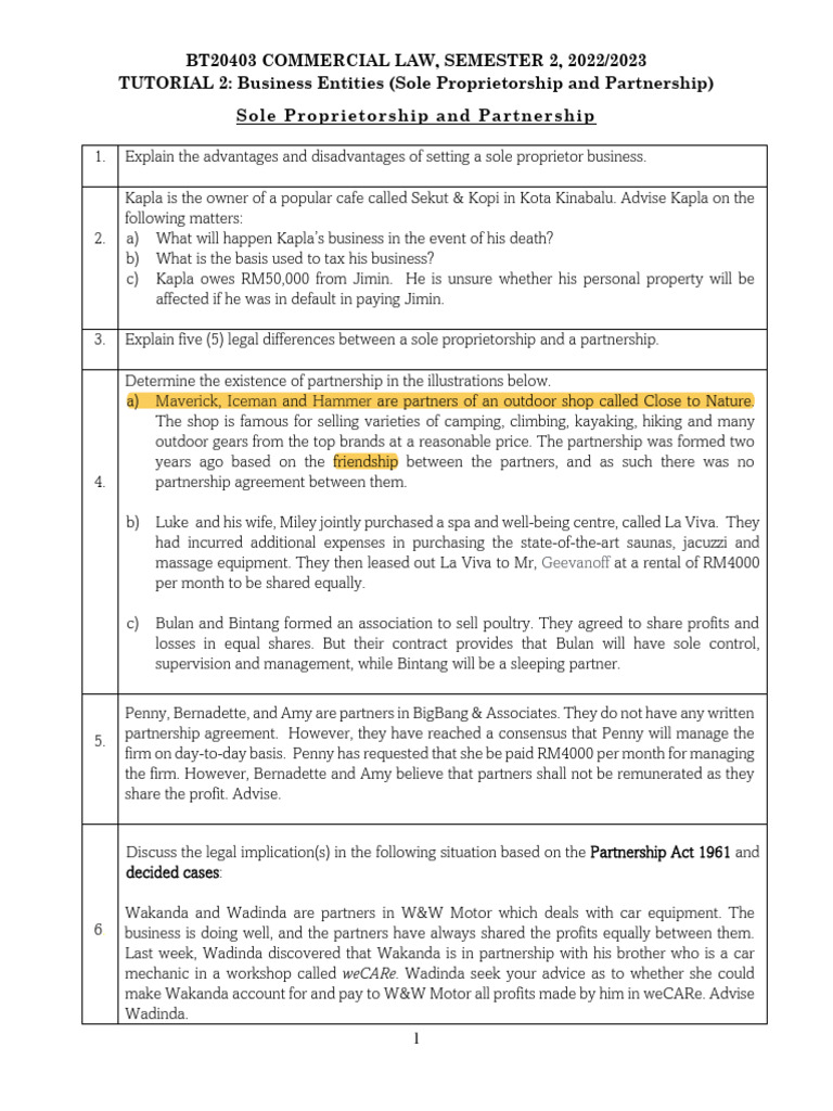 Tutorial 2 - SP and Partnership 2022-23 | PDF | Partnership | Sole Proprietorship