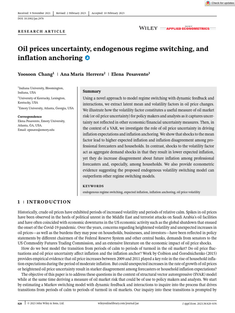 J of Applied Econometrics - 2023 - Chang - Oil Prices Uncertainty Endogenous Regime Switching ...