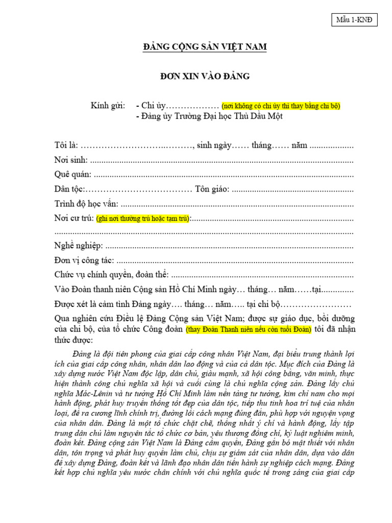 Mau 1 KND Don Xin Vao Dang | PDF