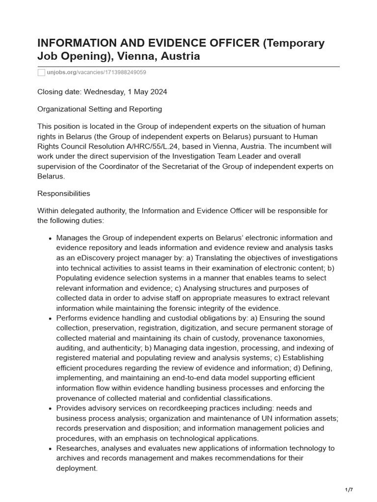 INFORMATION AND EVIDENCE OFFICER Temporary Job Opening Vienna Austria ...