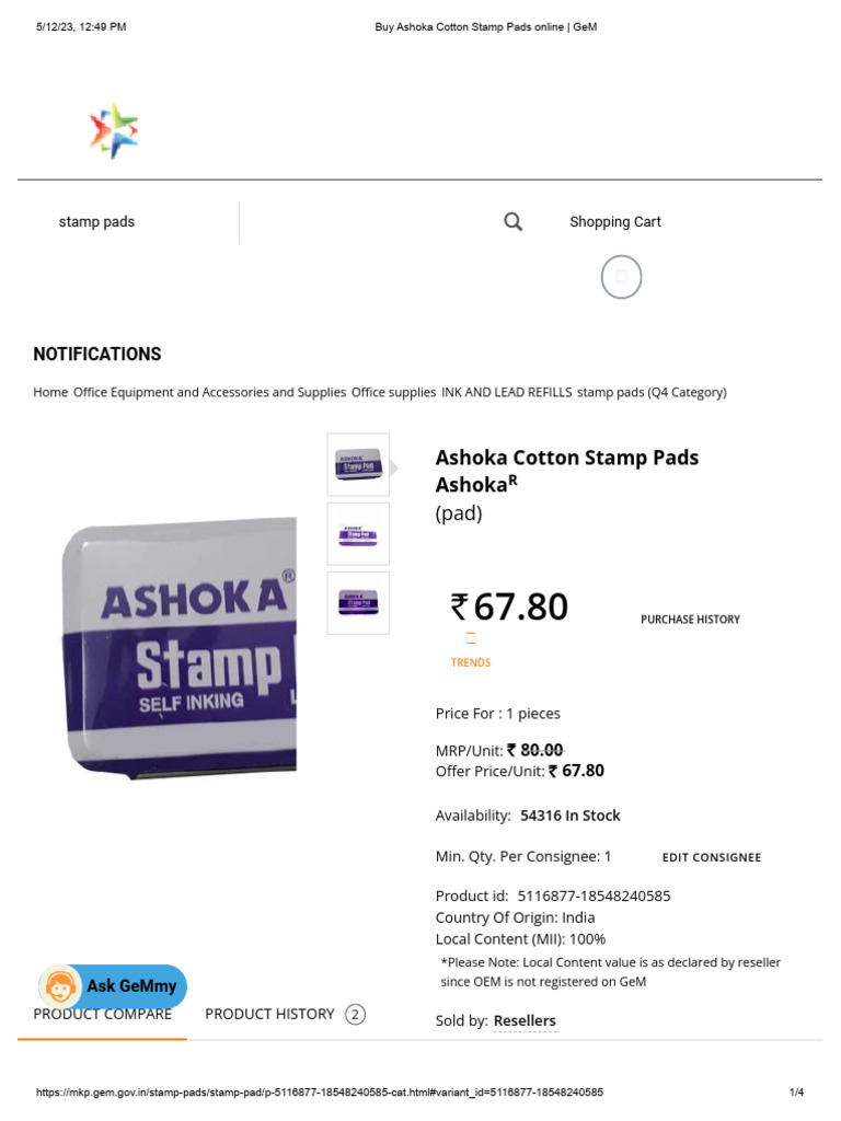 Buy Ashoka Cotton Stamp Pads Online - GeM | PDF