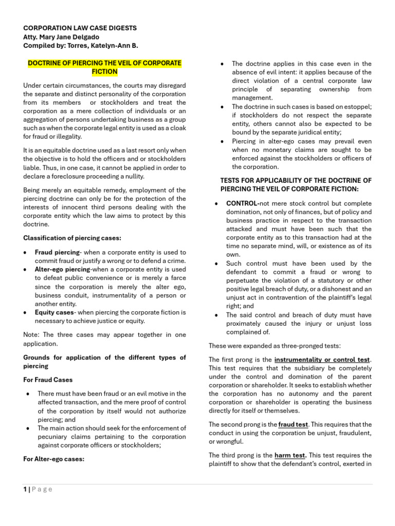 CORPO CASE DIGESTS (Piercing The Veil Topic) | PDF | Lease | Lawsuit