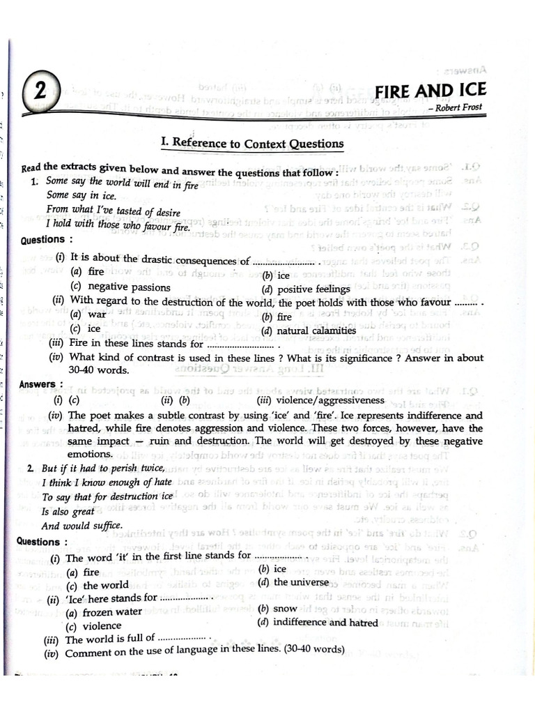 Fire and Ice Poem 2 Extra Questions | PDF