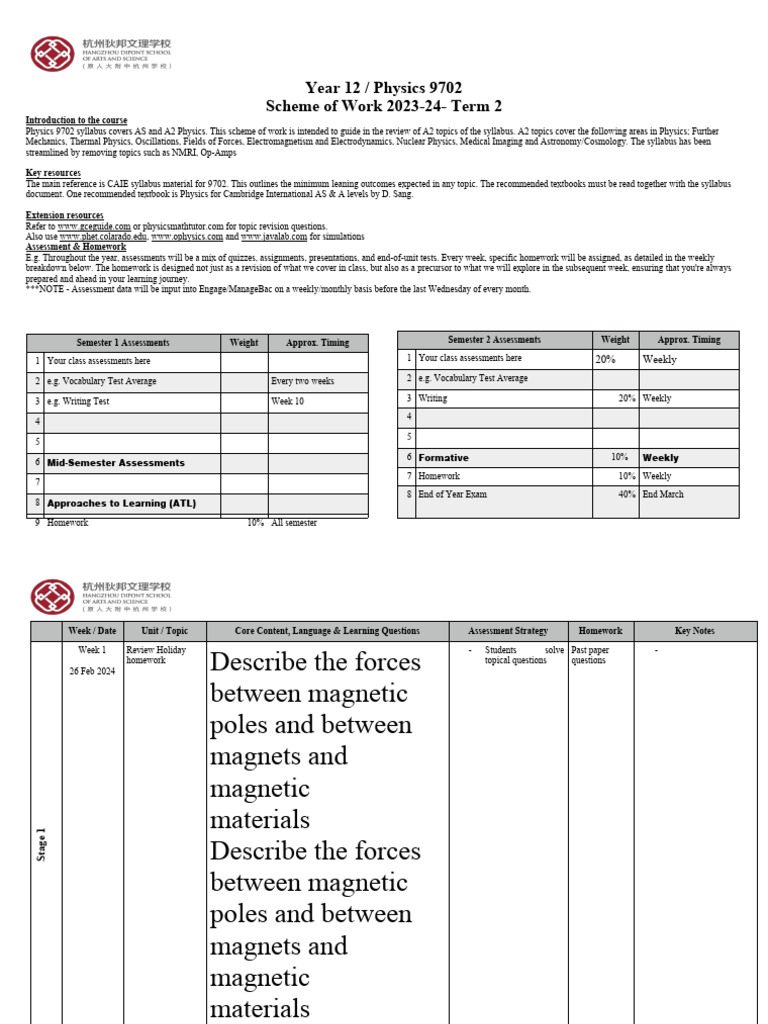 G12 Physics HDSAS - Scheme of Work | PDF | Electromagnetic Induction | Capacitance
