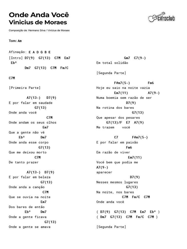 Cifra Club - Vinicius de Moraes - Onde Anda Você | PDF | Música gravada ...