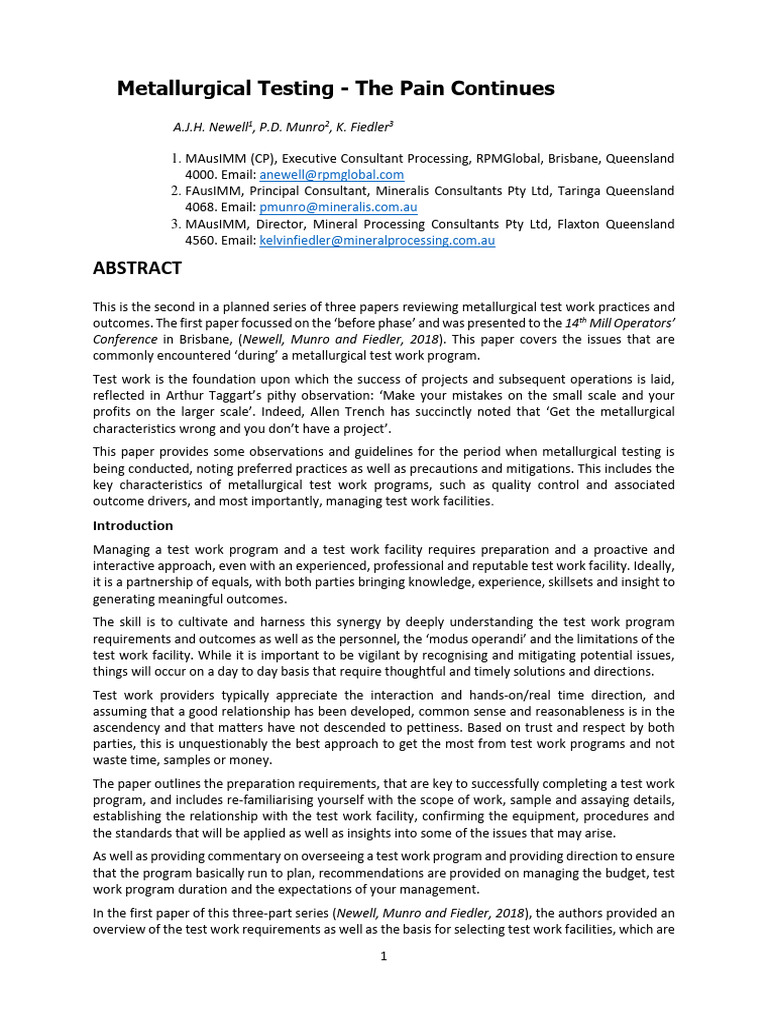Metallurgical Test Work Management Guide | PDF | Assay | Mineralogy