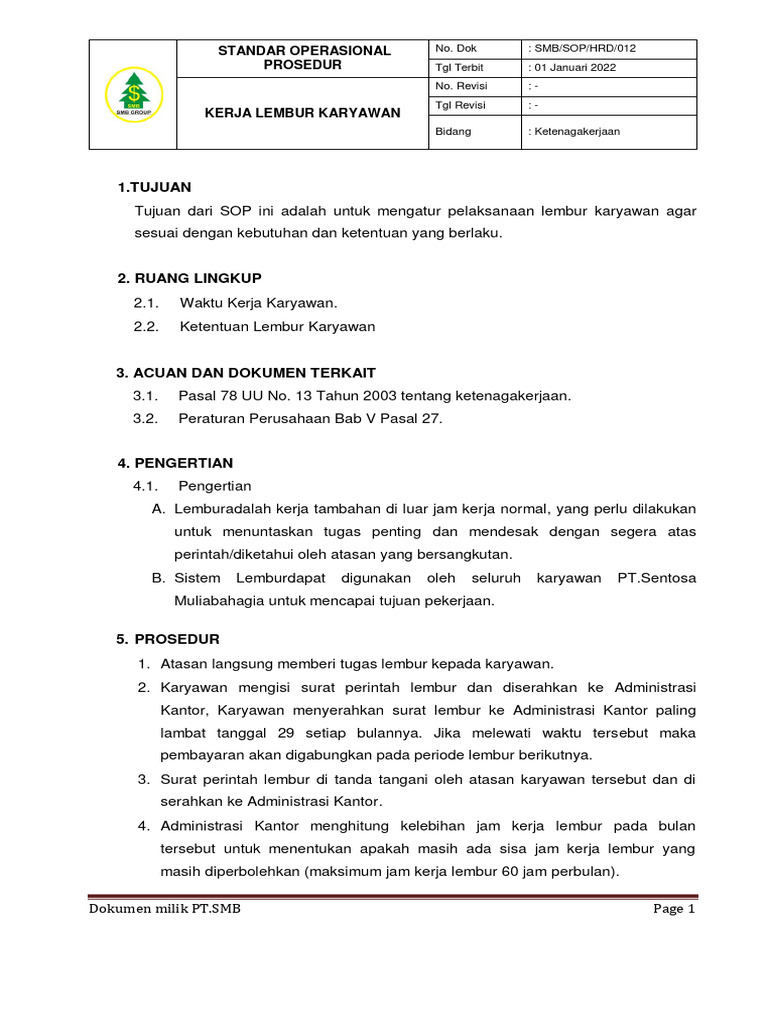 Prosedur Kerja Lembur Karyawan PT.SMB | PDF