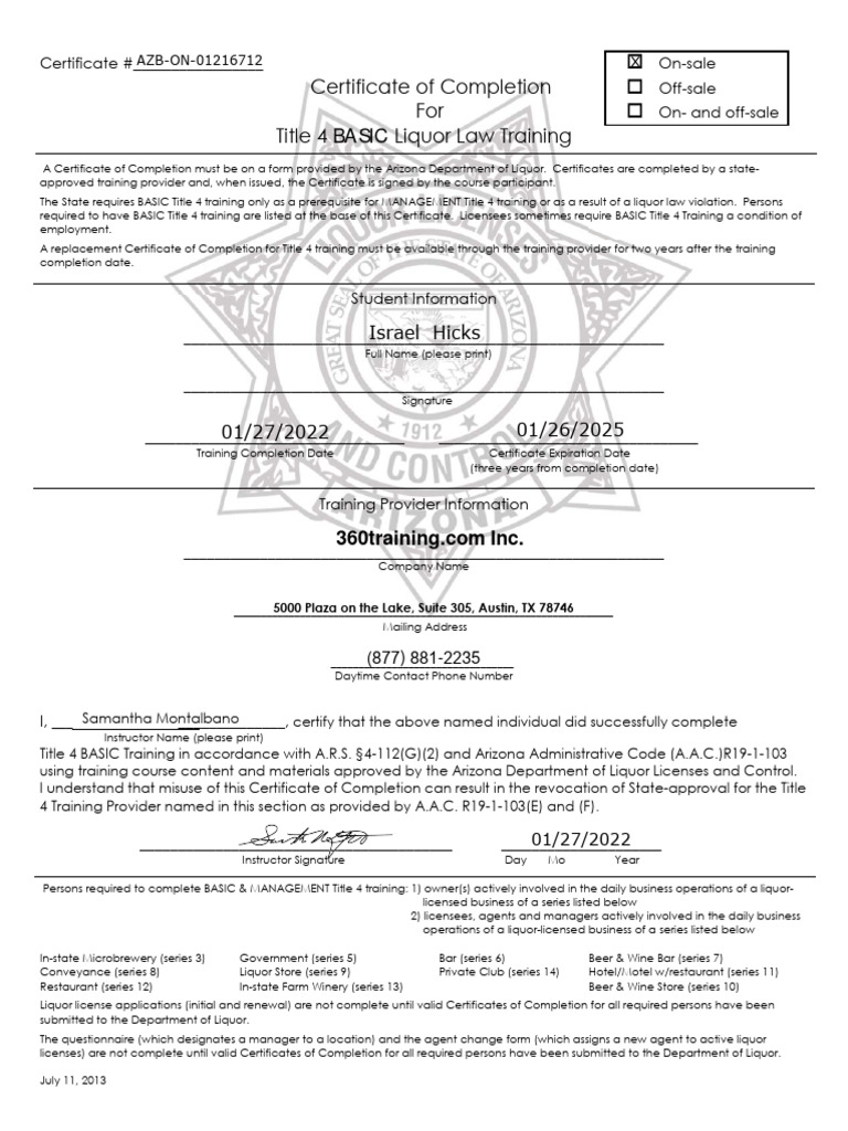 Arizona Title 4 Basic Training Certificate | PDF | Alcoholic Drinks ...