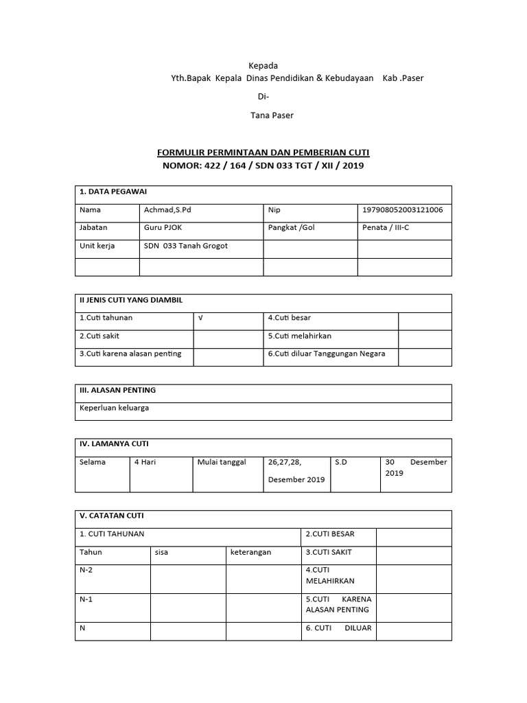 formulir permintaan cuti sdn033 | PDF