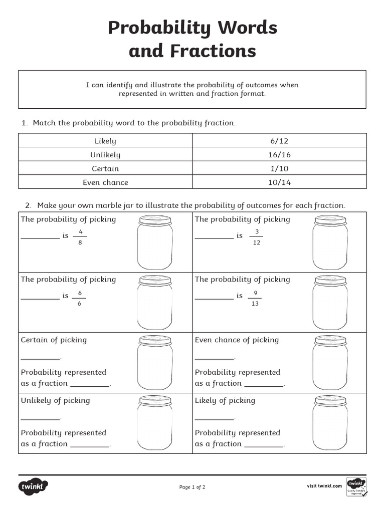 Probability Words and Fractions Activity Sheet | PDF | Probability ...