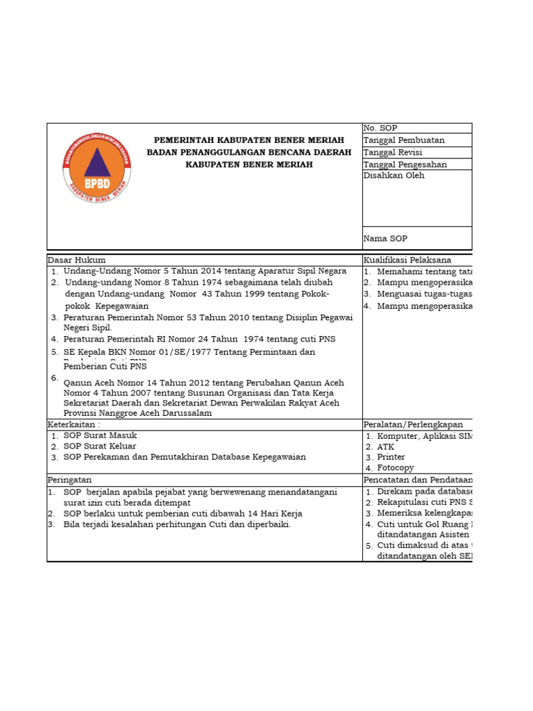 Sop Pelayanan Cuti Acc | PDF