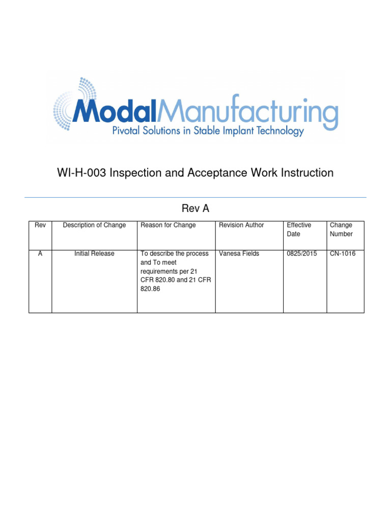 WI-H-003 Inspection and Acceptance Work Instruction Rev A | PDF ...
