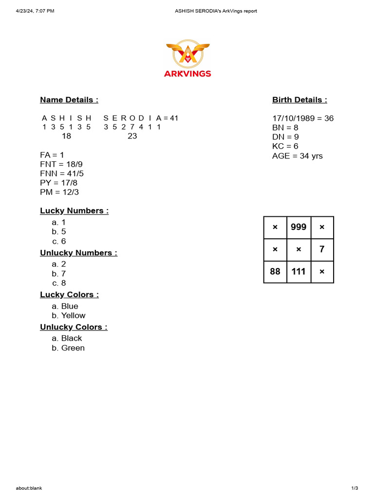 Ashish Serodia's Numerology Report | PDF