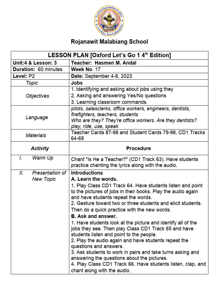 P2 Lesson Plans: Jobs & Phonics | PDF | Phonics | Lesson Plan