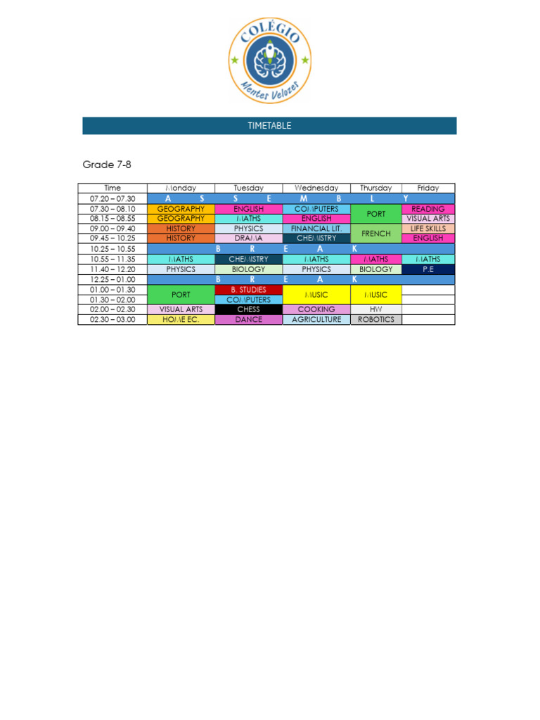 Grade 7-8 Weekly Timetable | PDF