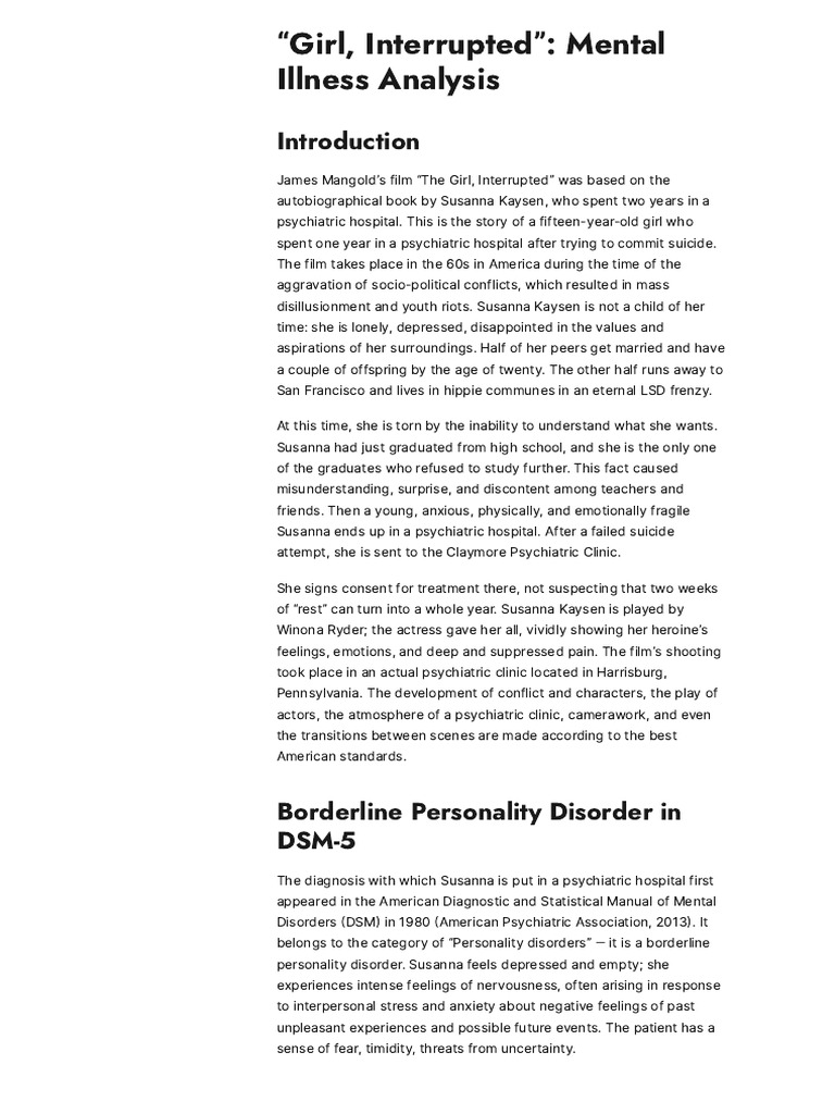 Girl, Interrupted - Mental Illness Analysis - Psychology Paper | PDF ...