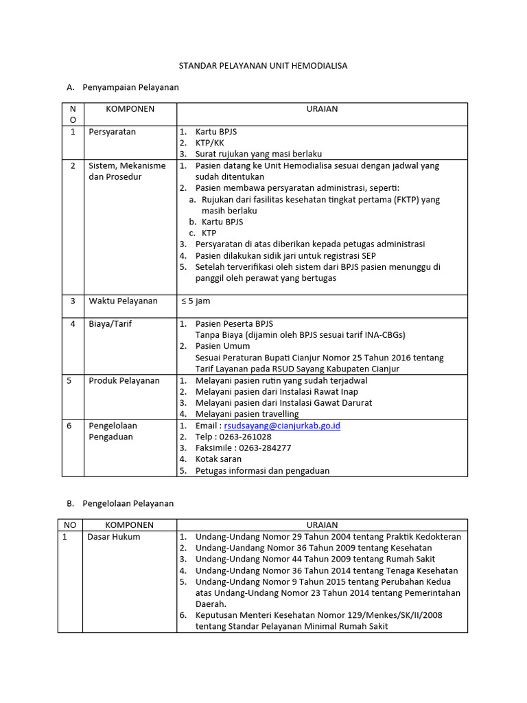 Standar Pelayanan Unit Hemodialisa | PDF
