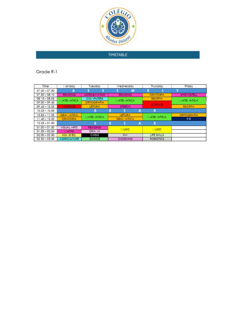 Grade R-1 TIMETABLE-1 | PDF