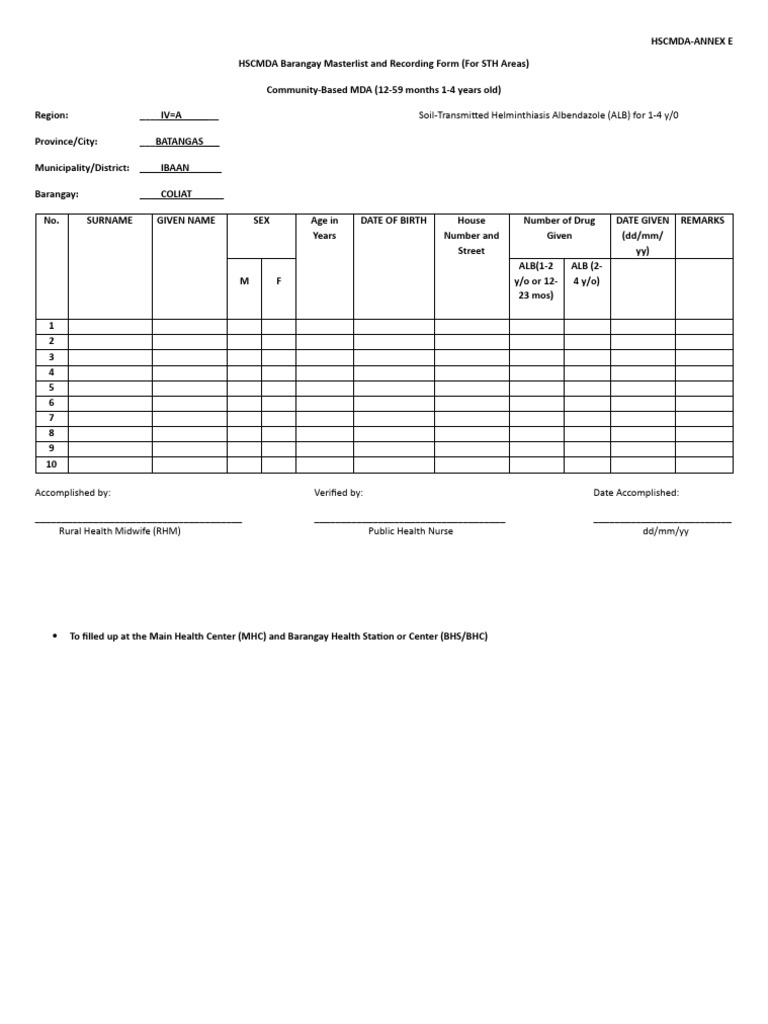 HSCMDA Barangay Masterlist and Recording Form For STH Areas | PDF