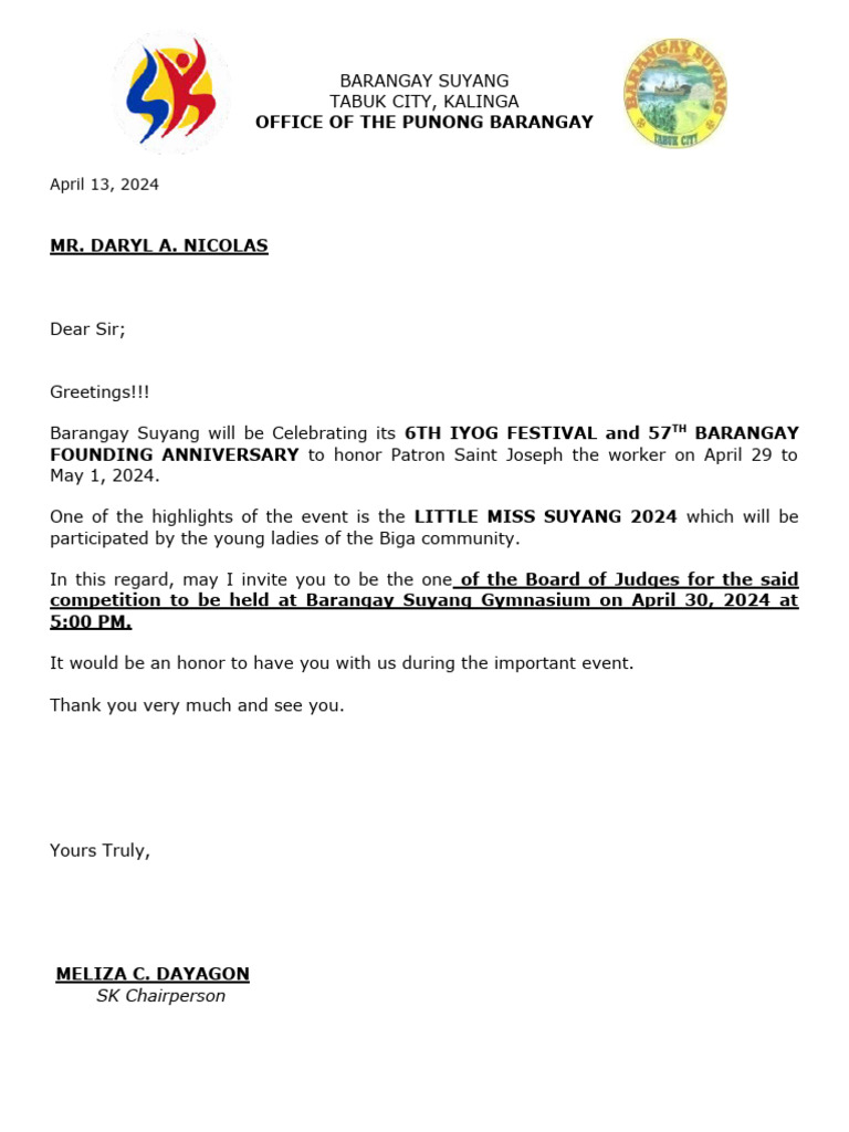 Invitation Letter For Panel of Judges | PDF