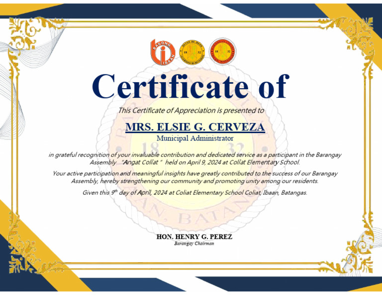 Barangay Assembly (Certificate of Appreciation) | PDF