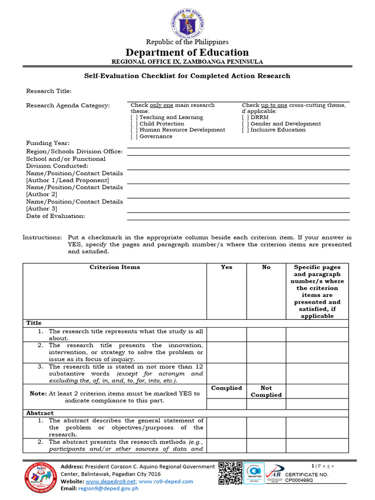 Self Evaluation Checklist After Validation | PDF | Methodology | Science