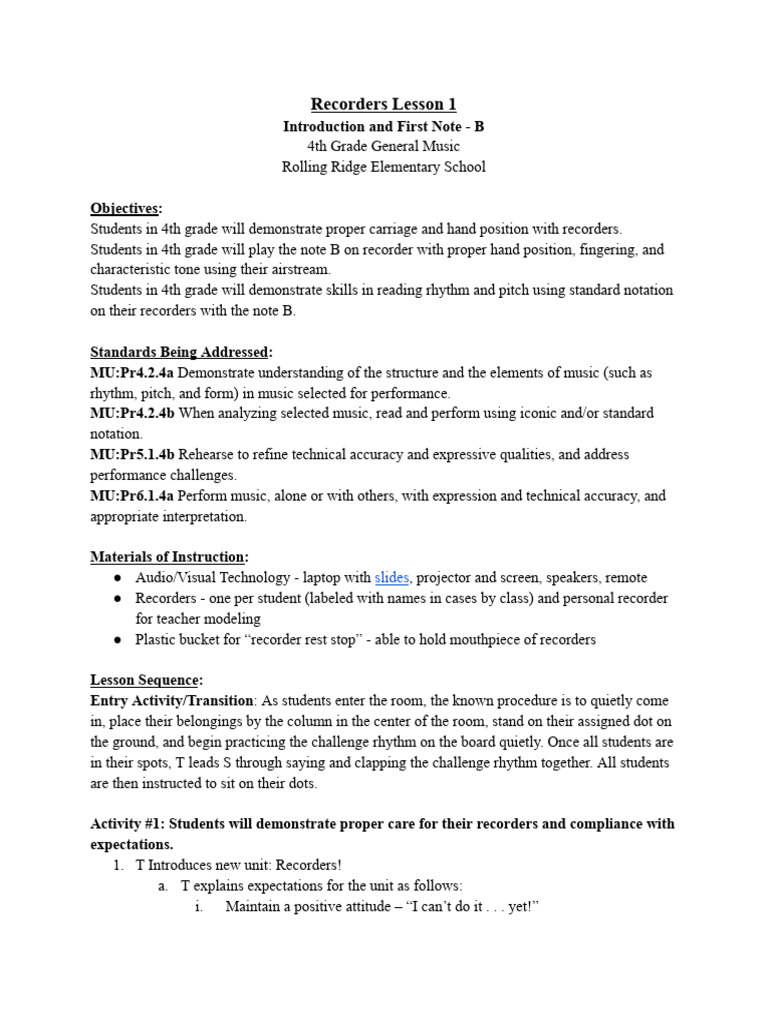 4th Recorder Unit Lesson Plans | PDF | Recorder (Musical Instrument ...