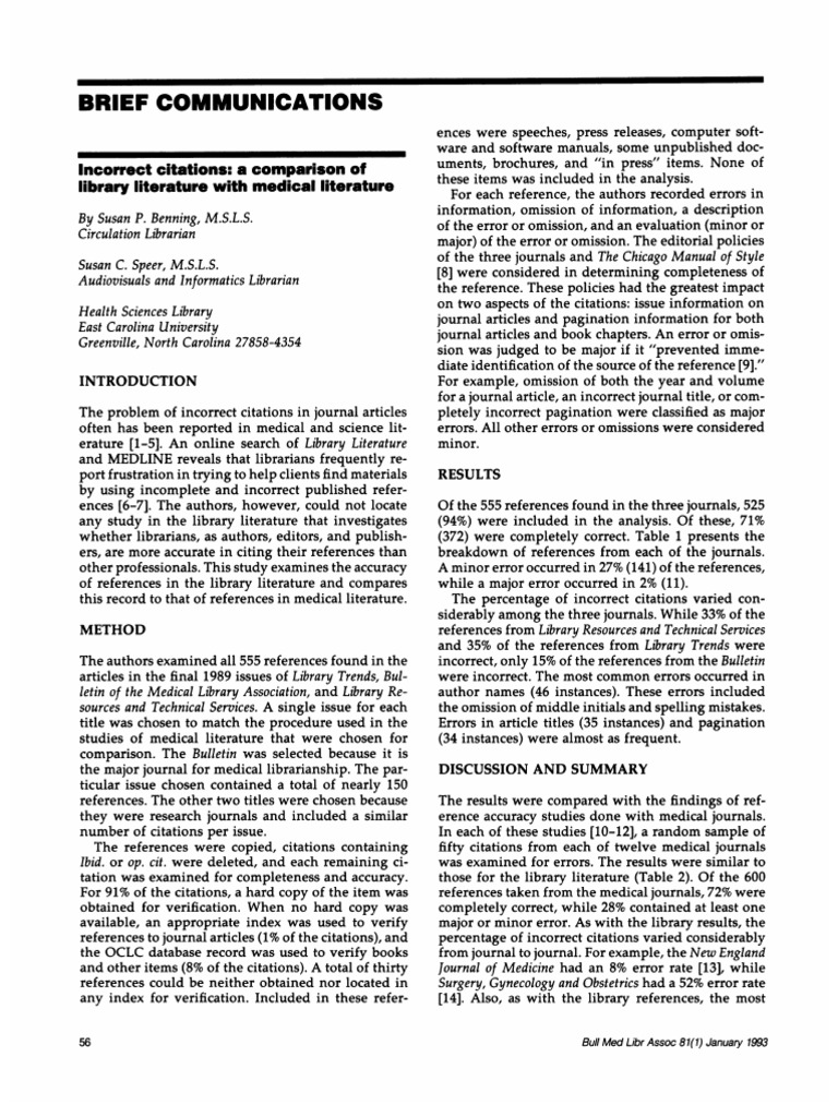 Incorrect Citations A Comparison of Library Literature With Medical ...