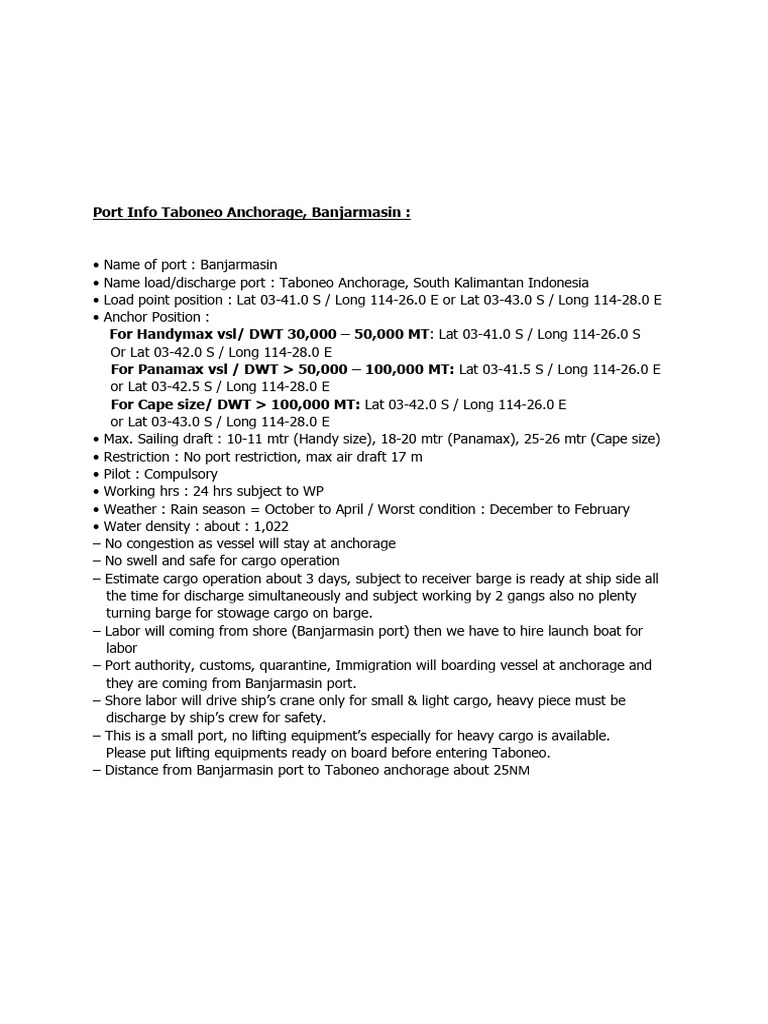 Taboneo Anchorage Port Info, Banjarmasin | PDF