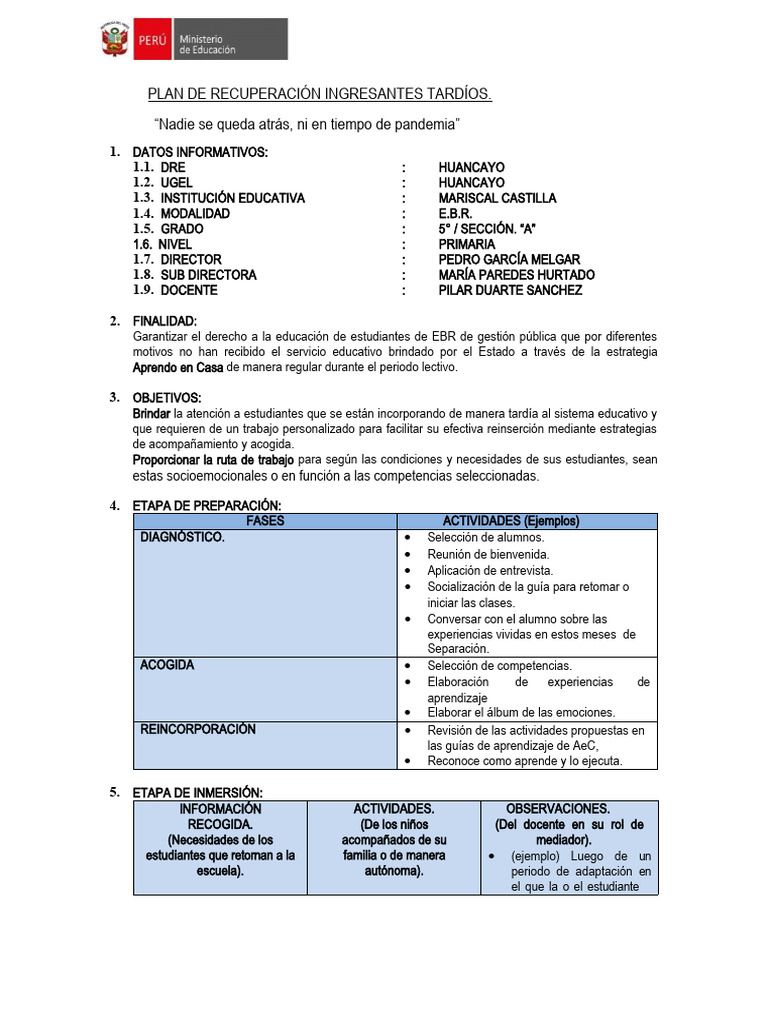 Plan de Recuperacion para Alumnos Con Ingreso Tardio | PDF | Maestros ...