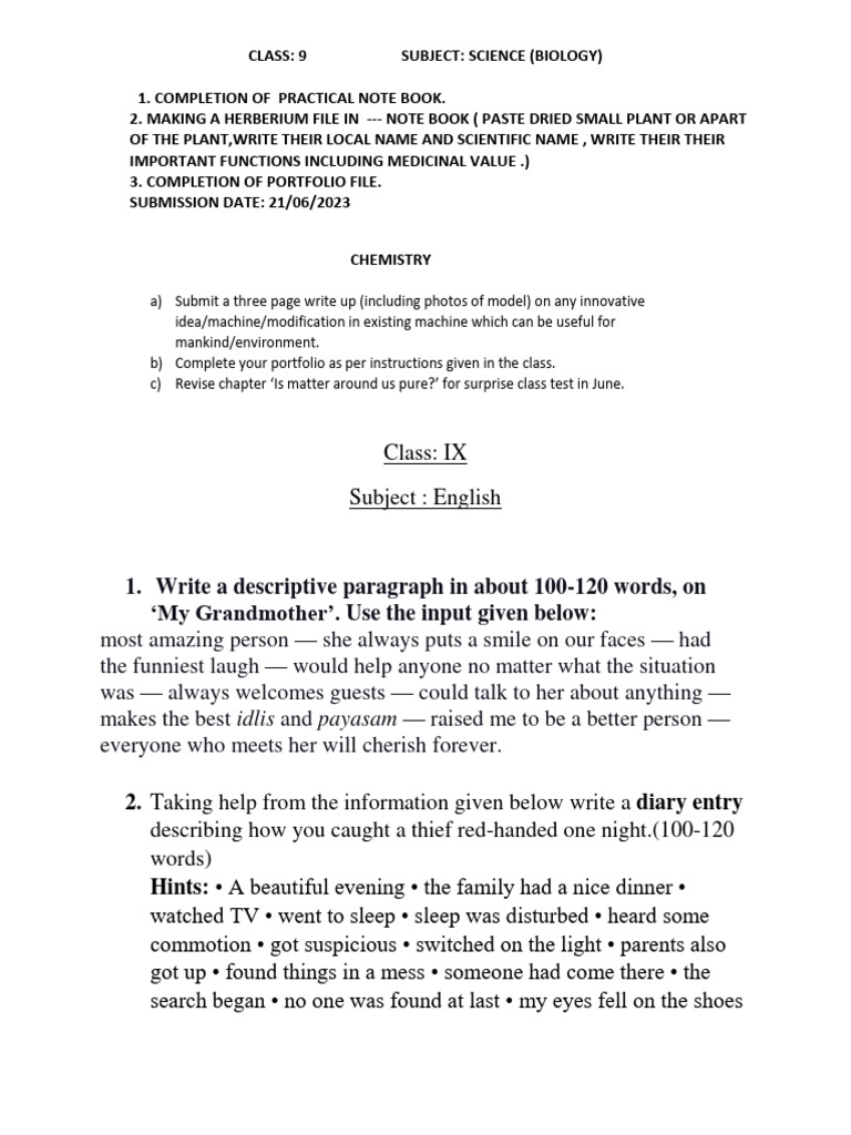 Class 9 Holiday - Homework | PDF