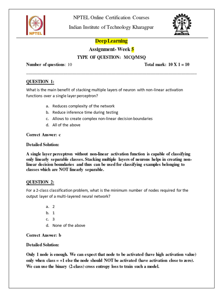 DEEP LEARNING IIT Kharagpur Assignment - 5 - 2024 | PDF | Artificial ...