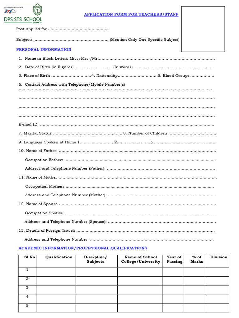 Application Form For Teachers or Staff | PDF | Science | Liberal Arts ...