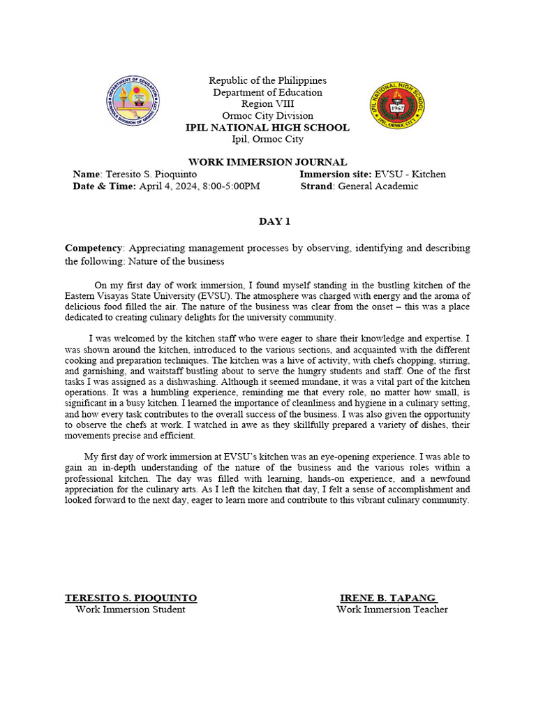 Journal Day 1 10 Teresito Pioquinto | PDF | Kitchen | Chef