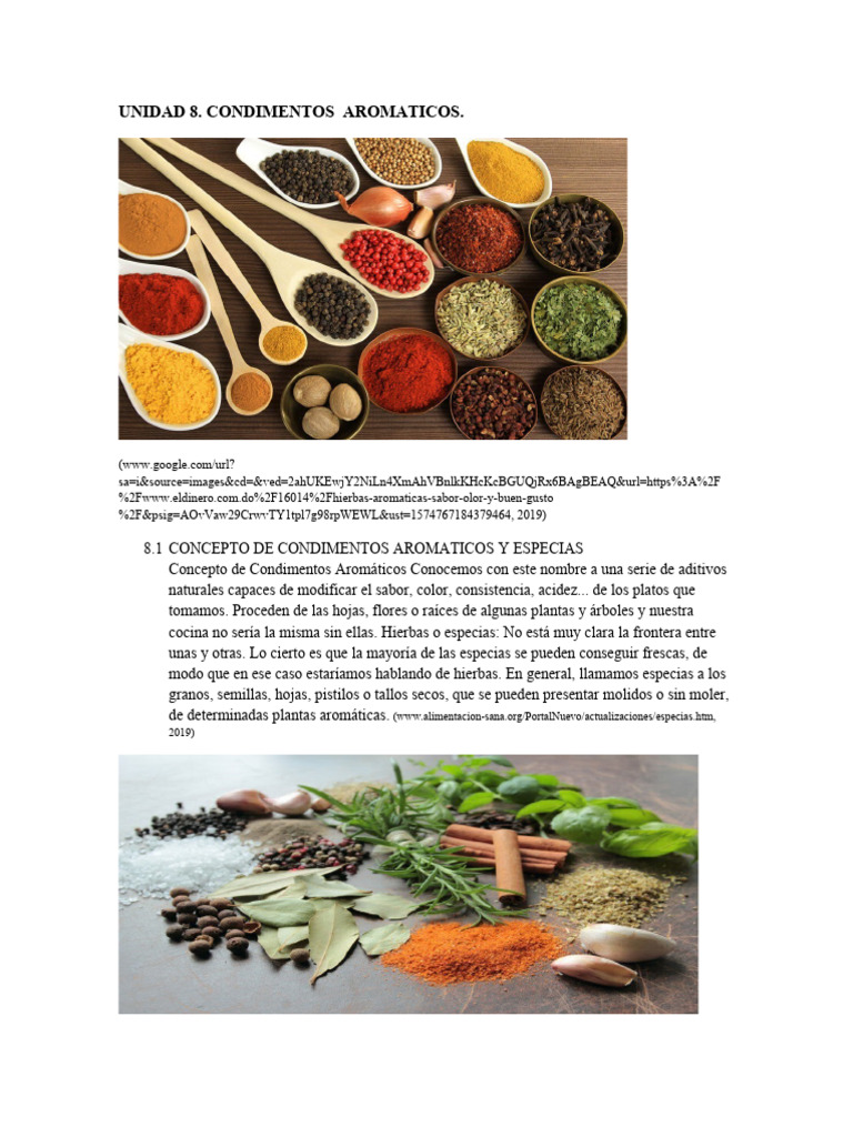 Unidad VIII Condimentos y Especias Aromáticas. | PDF | especia | Alimentos