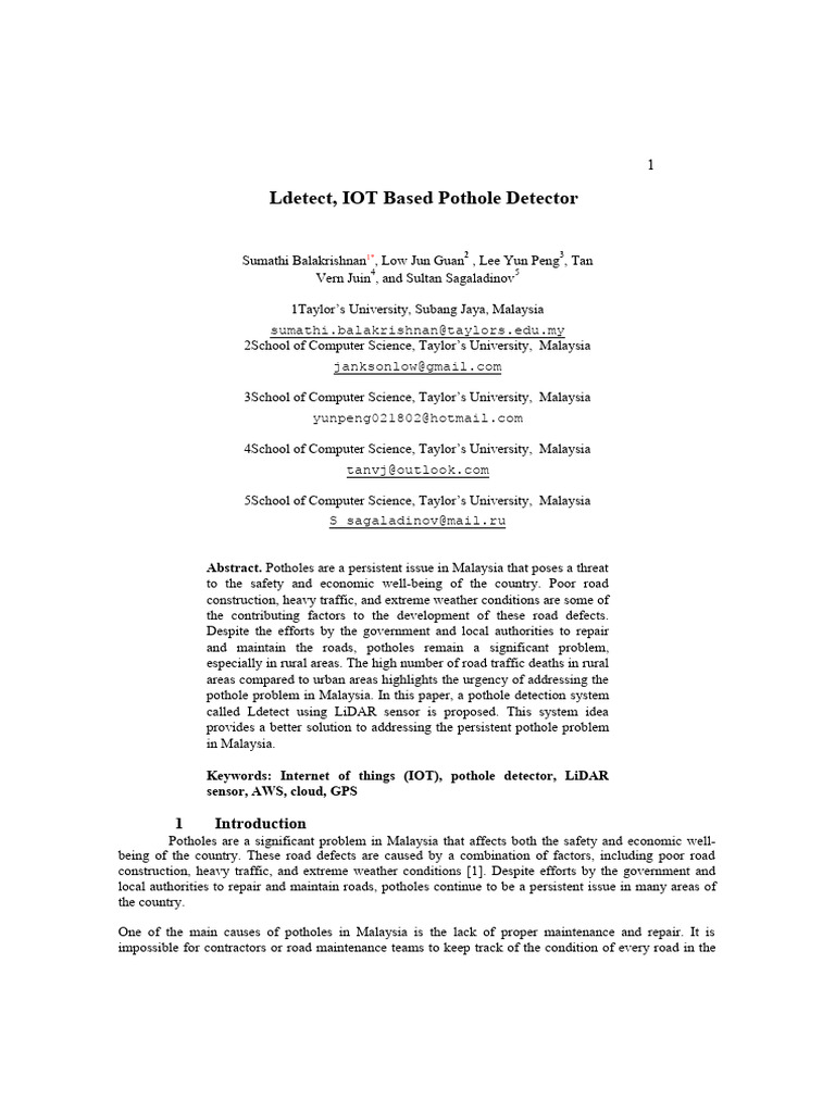 Ldetect Iot Based Pothole Detector 2023 Pdf Lidar Computer