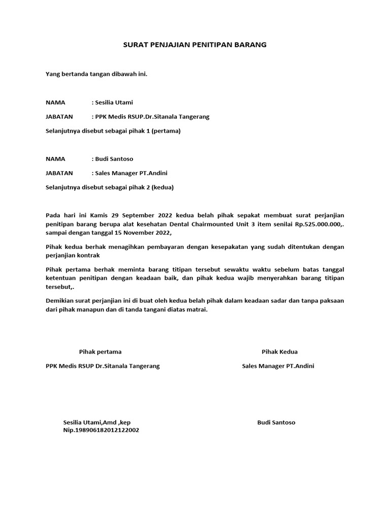 Surat Penjajian Penitipan Barang | PDF