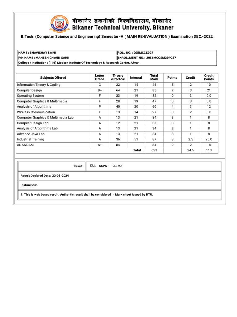 5th Sem Reval Result | Download Free PDF | Computing | Computer Programming