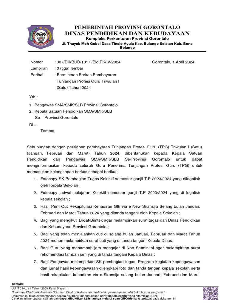 Surat Pemberkasan TPG TW I Tahun 2024 | PDF